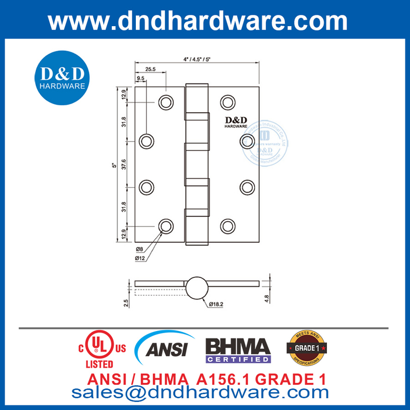 5 Inch ANSI BHMA Grade 1 Fire Door Hinges for Hotel Apartment-DDSS001 ...